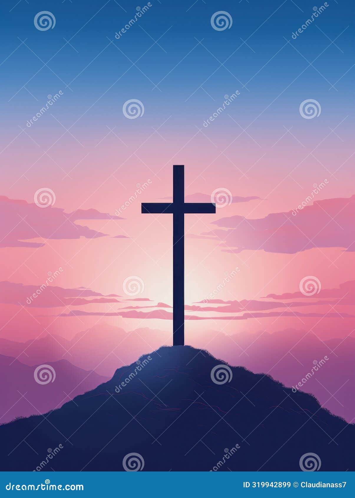 Color Illustration of a Simple Cross Silhouette on a Mountain in Front ...