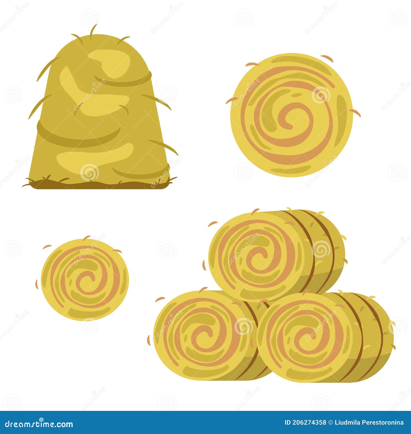 A Set of Illustrations of Haystacks and Rolls of Hay. Stock Vector ...