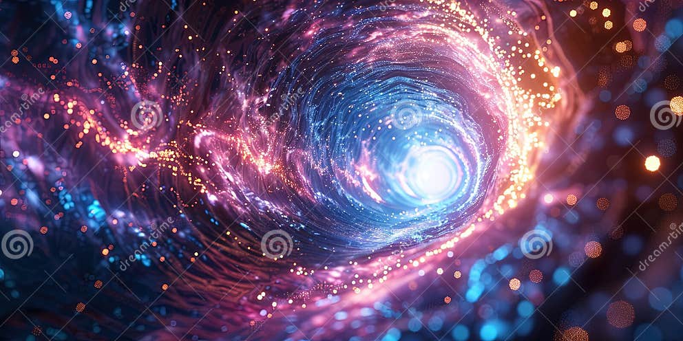 Color Image of a Warp Tunnel in Deep Space. Matter Particles Spin in ...