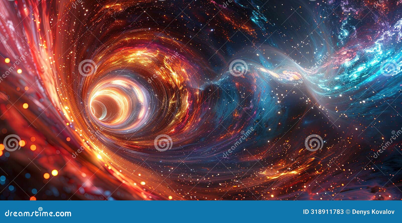 Color Image of a Warp Tunnel in Deep Space. Matter Particles Spin in ...