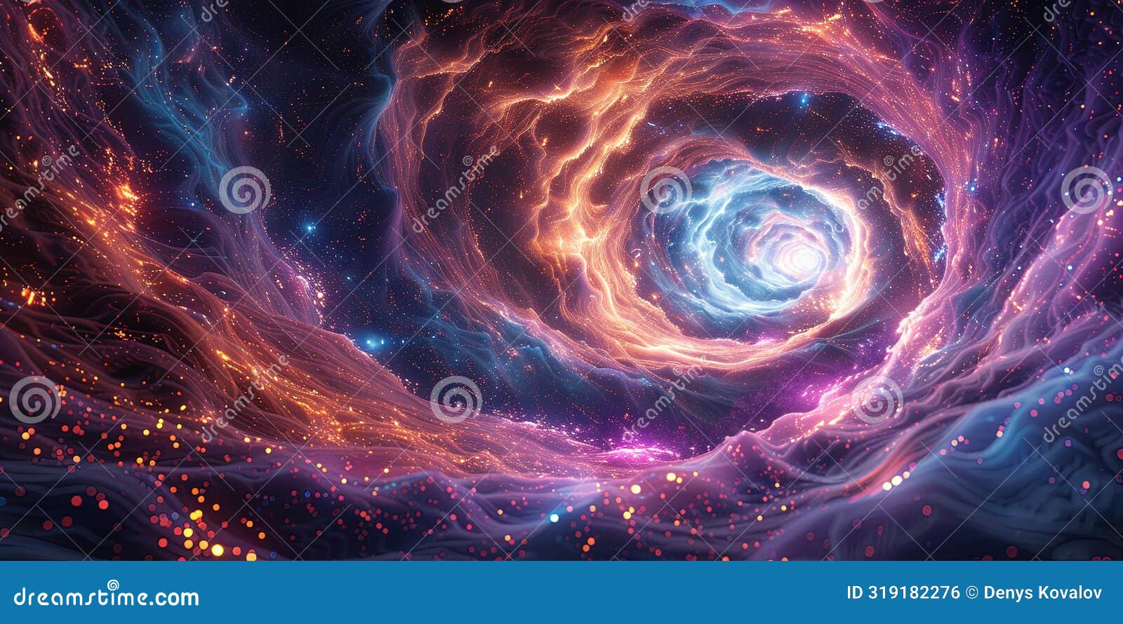 Color Image of a Warp Tunnel in Deep Space. Matter Particles Spin in ...