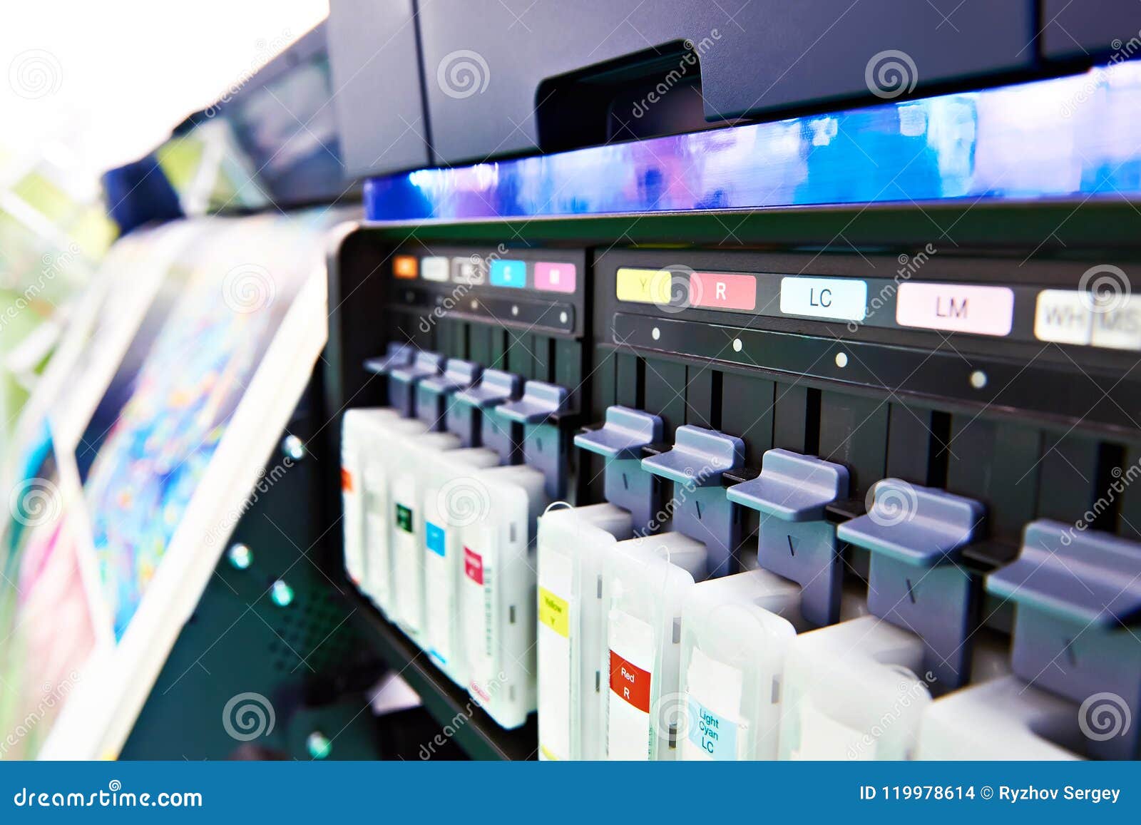 Color Ink Cartridge in Inkjet Plotter Stock Photo - Image of digital ...