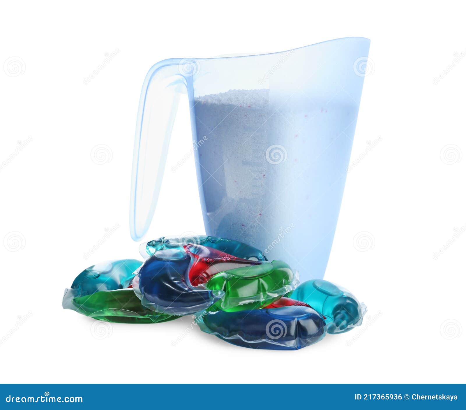 Color Laundry Capsules and Detergent Powder on White Background Stock ...