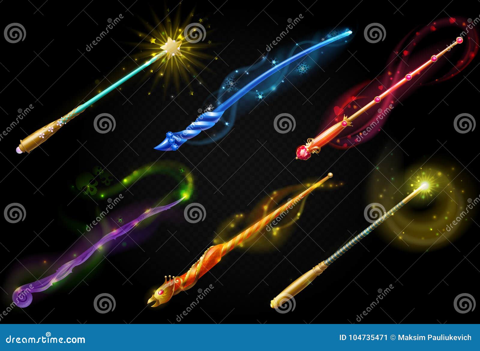 Color Magic Wands, Fairy Objects. Stock Vector - Illustration of black ...