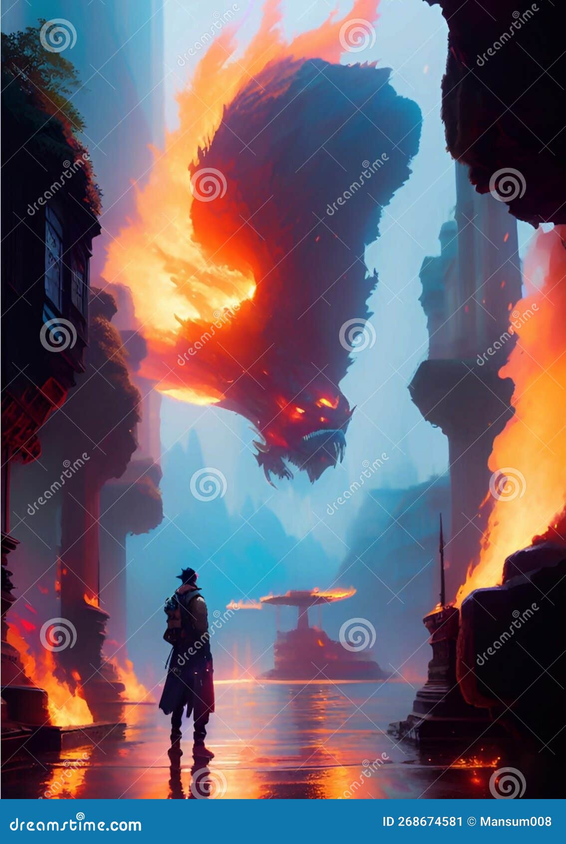 Color of Man Fight with Evil Fire Monster , Ai Generated Stock ...