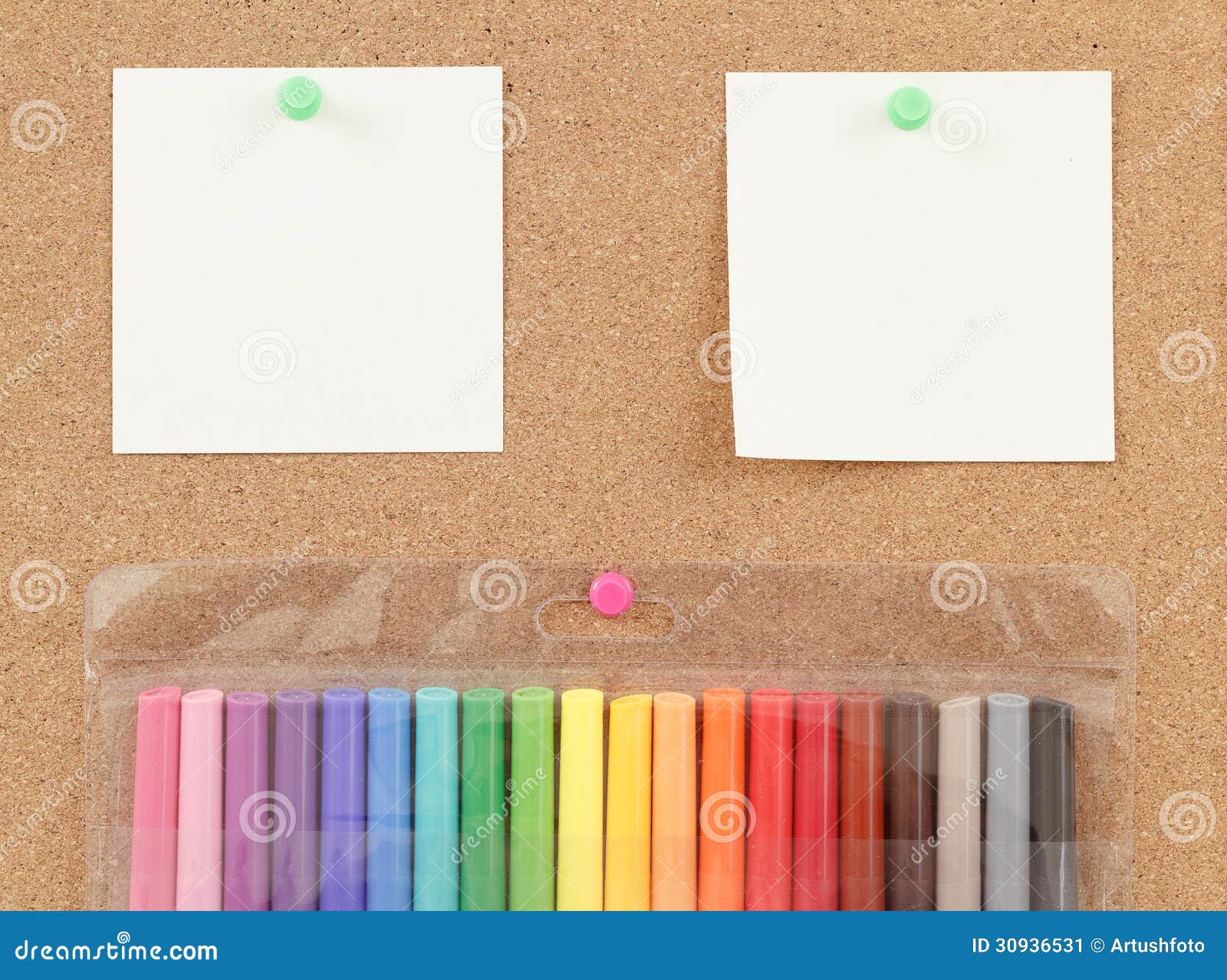 Color Markers with Notes on Cork Board Stock Image - Image of marker ...