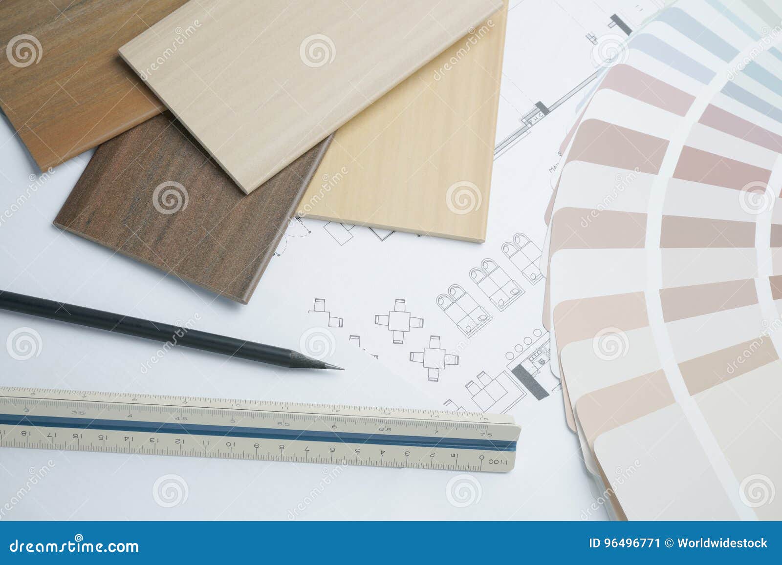 Color and Material Samples on Architectural Drawings of Modern House ...