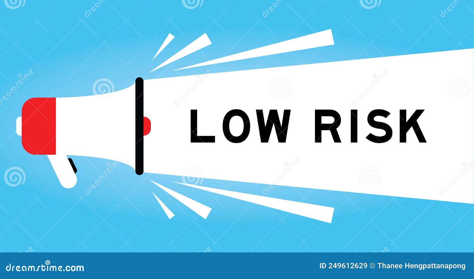 Color Megaphone with Word Low Risk in White Banner on Blue Background ...