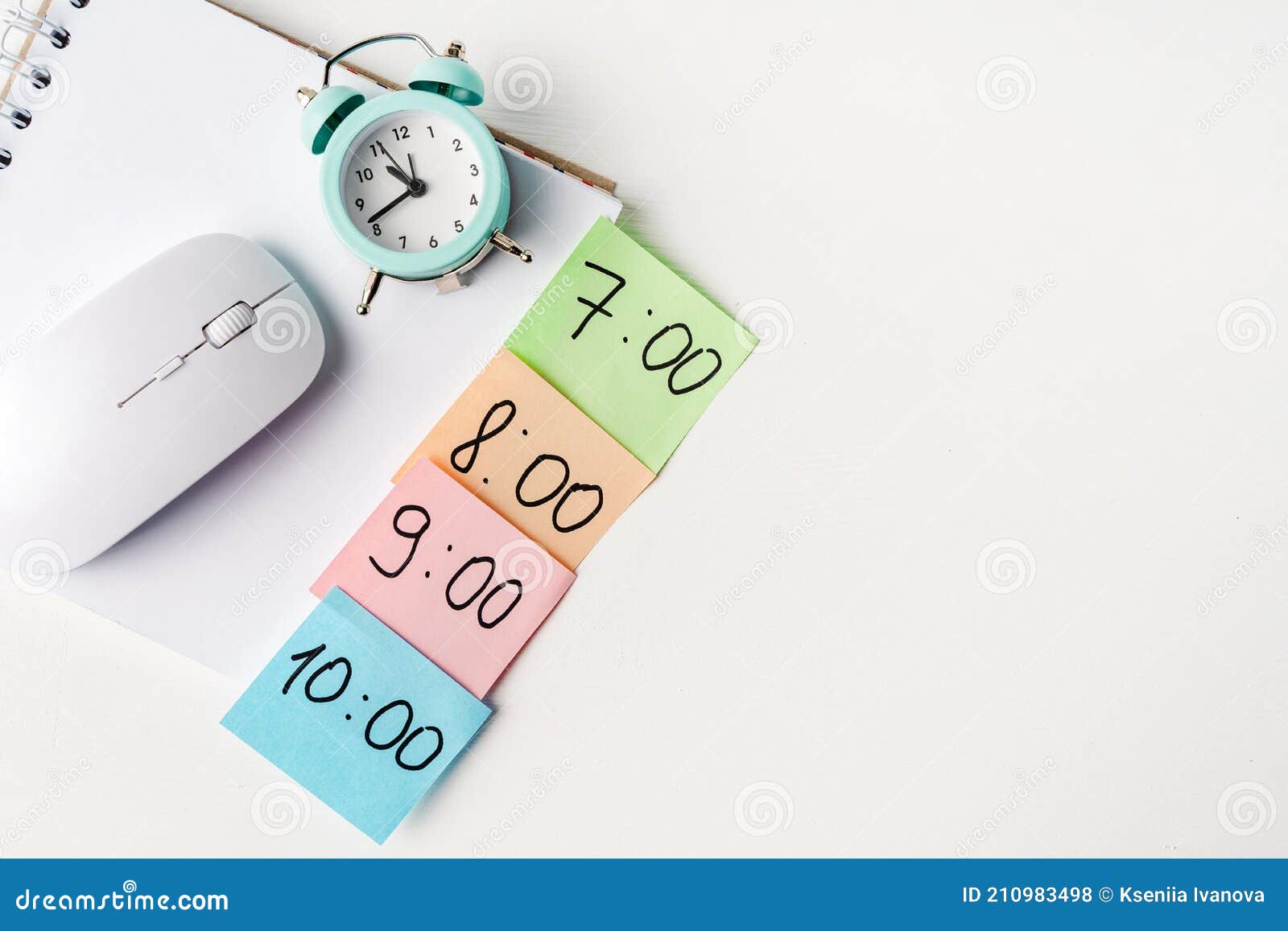 Color Notes with Time on Desktop with Notepad, Alarm Clock. Copy Space ...