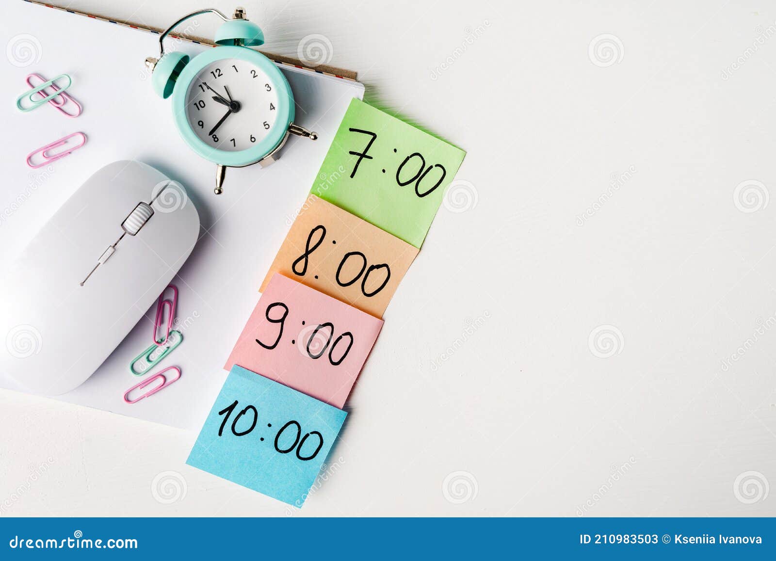 Color Notes with Time on Desktop with Notepad, Alarm Clock. Copy Space ...