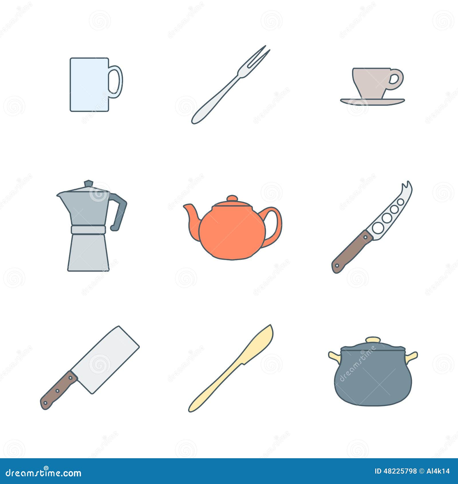 Color Outline Dinnerware Icons Set Stock Vector - Illustration of ...