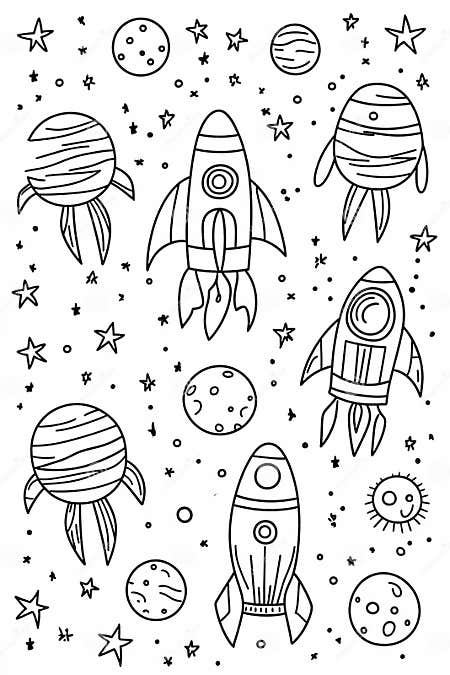 Color Page for Kids with Rockets and Planets for Learning about Space ...