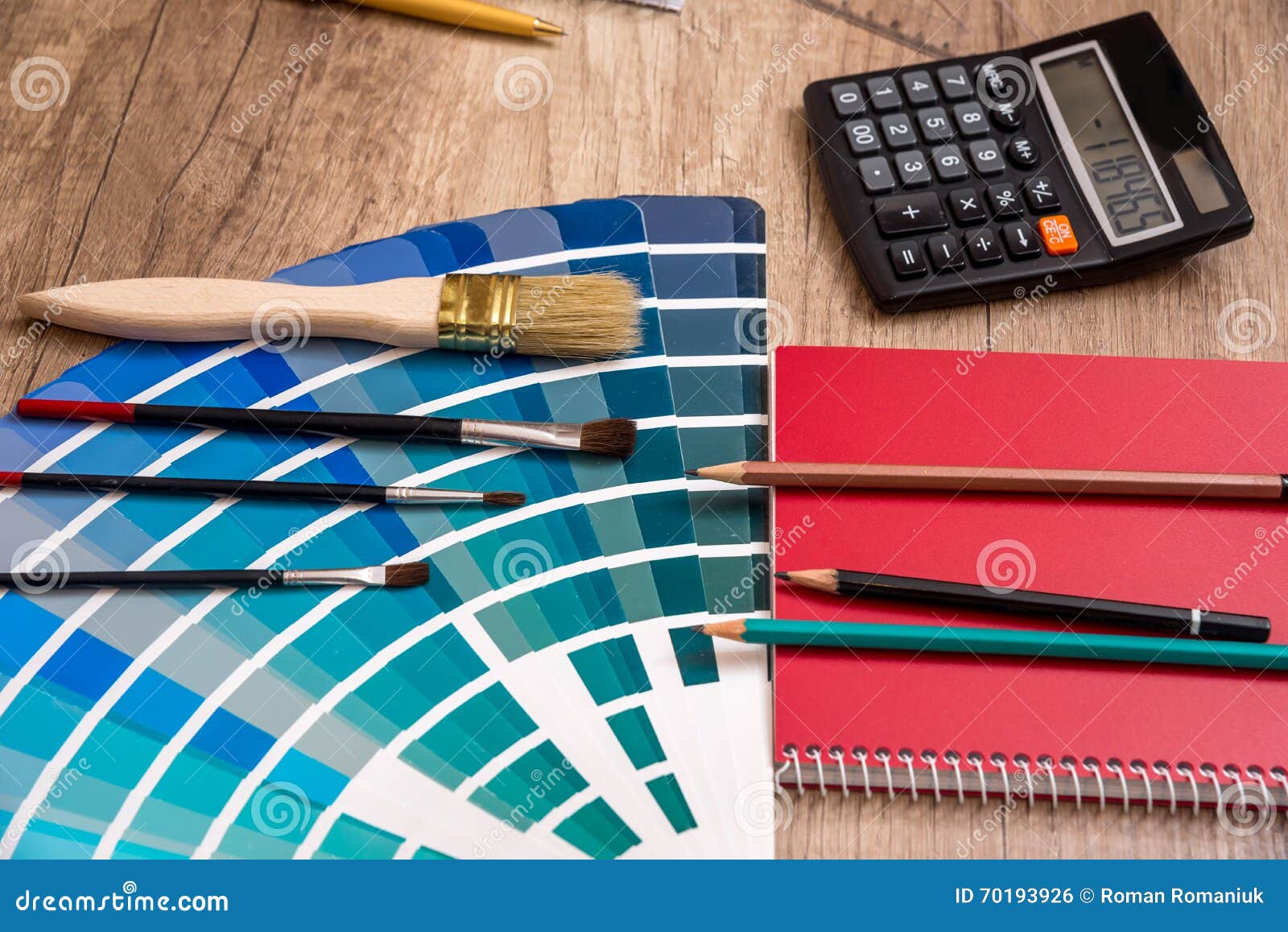 Color Palette, Pencil, Calculator and Notepad on Stock Photo - Image of ...