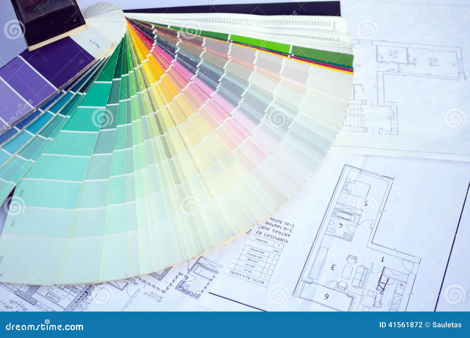 Color Palette Samples Lie on House Design Drawings Stock Photo - Image ...