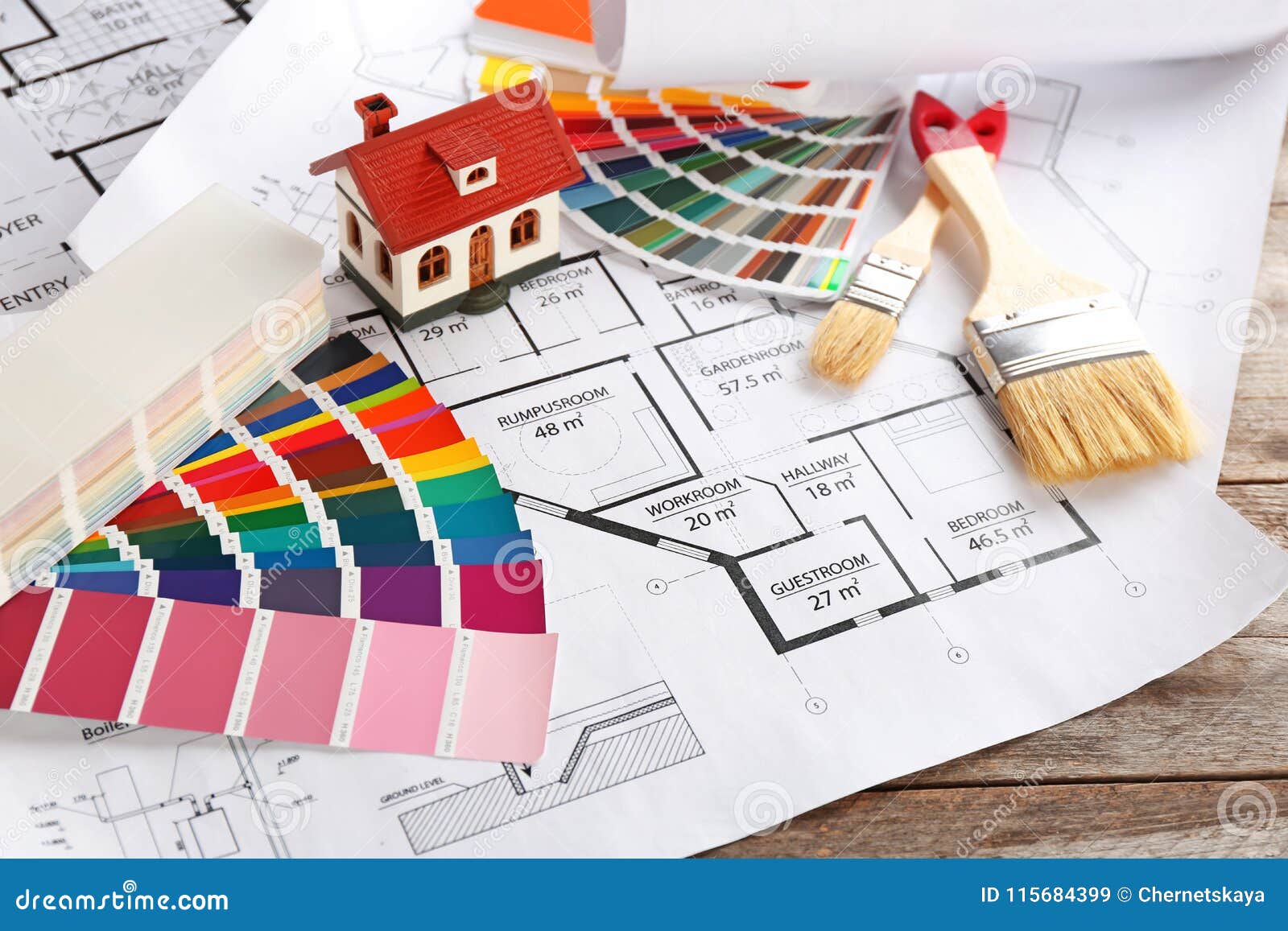 Color Palette Samples, Model of House and Brushes Stock Illustration ...