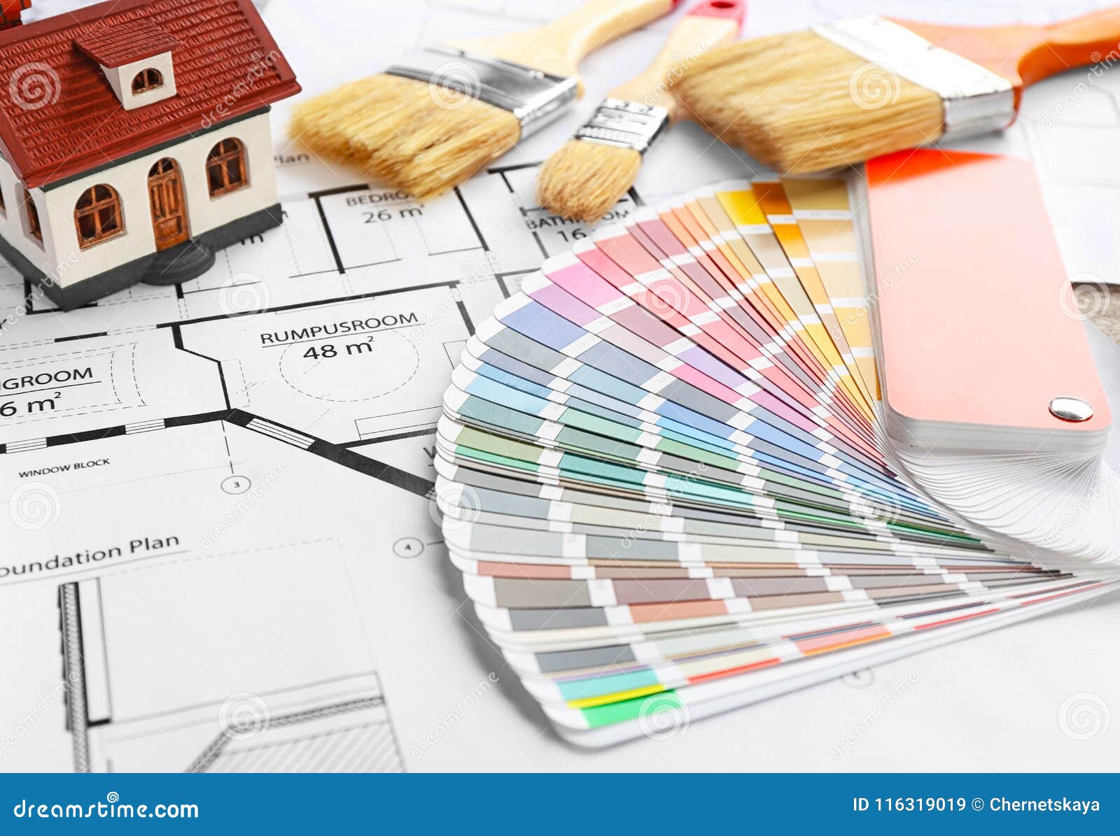 Color Palette Samples, Model of House and Brushes Editorial Stock Image ...