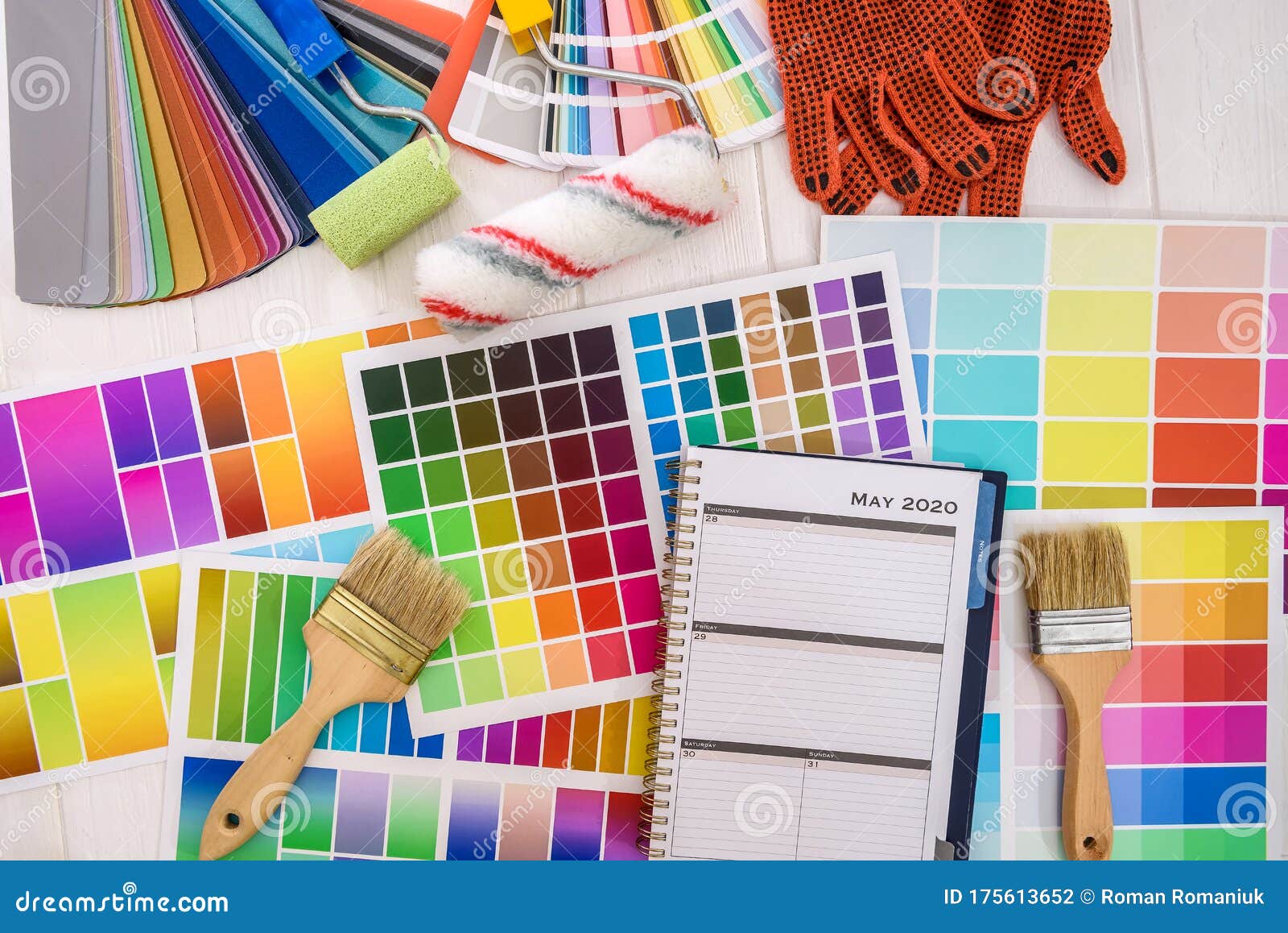 Color Palettes with Brush and Roller Close Up Stock Photo - Image of ...