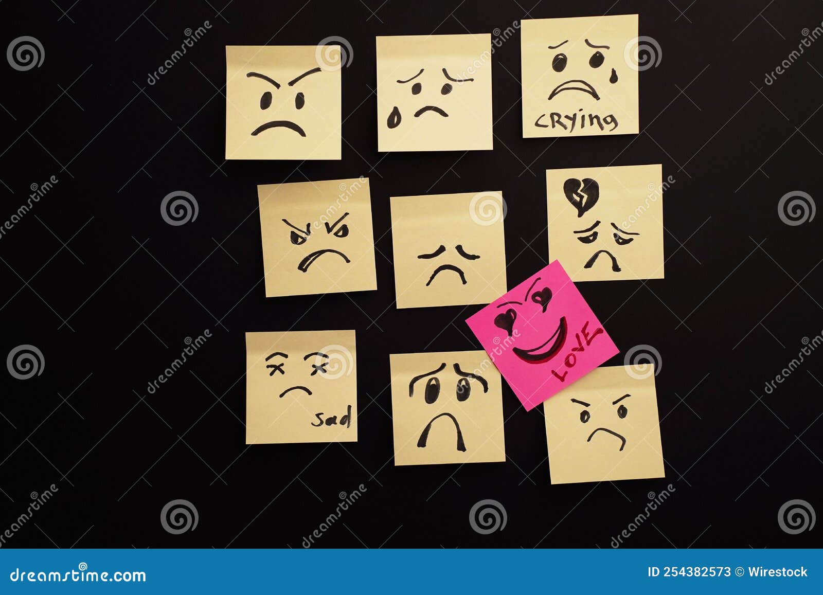 Color Papers with Feeling Faces on Black Wall Stock Image - Image of ...
