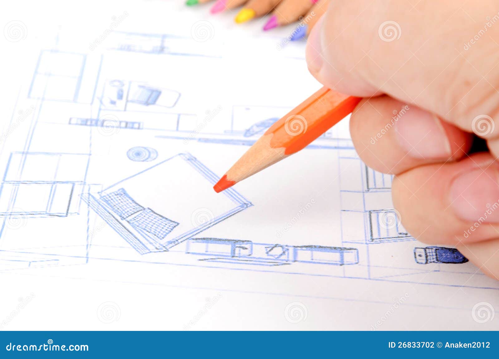 Color Pencils and House Blueprint Stock Photo - Image of blueprint ...