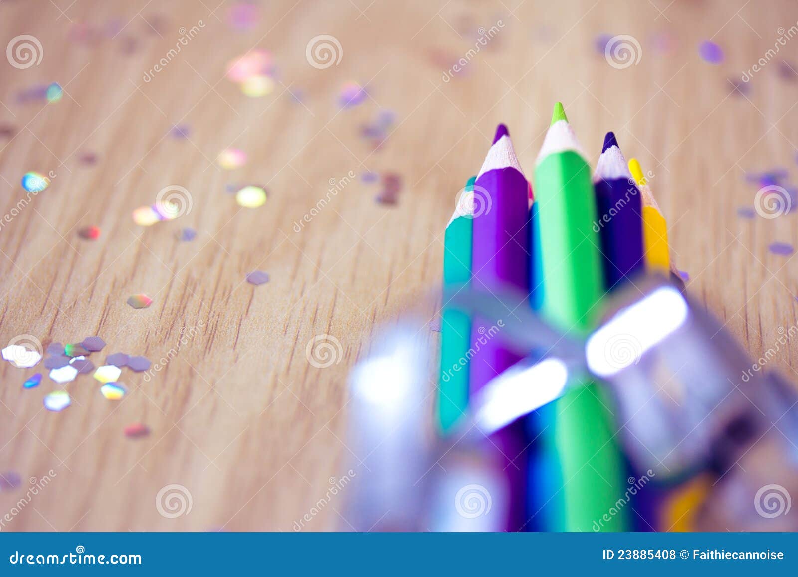Color Pencils with Ribbon and Confetti Bokeh Stock Photo - Image of ...