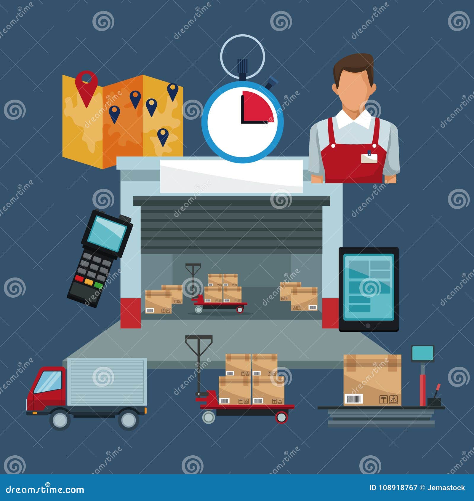 Color Poster with Facade Warehouse Storage and Elements Logistics and ...