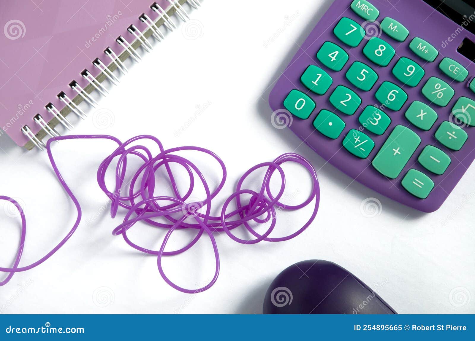 Color Purple, Book, Calculator, Mouse and Plastic String on White ...