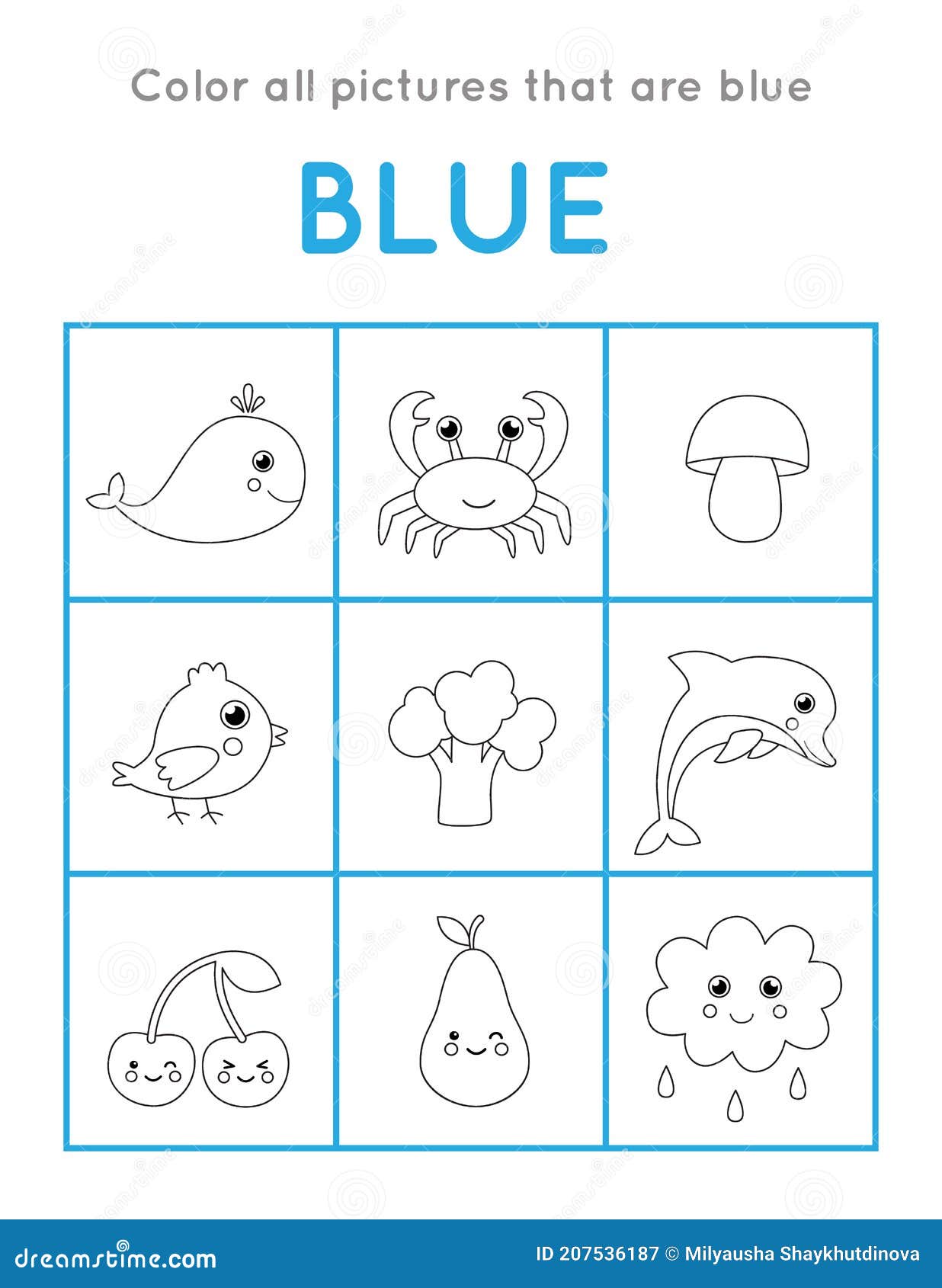 Blue. Educational Worksheet For Kids. Learning The Color Blue Set ...