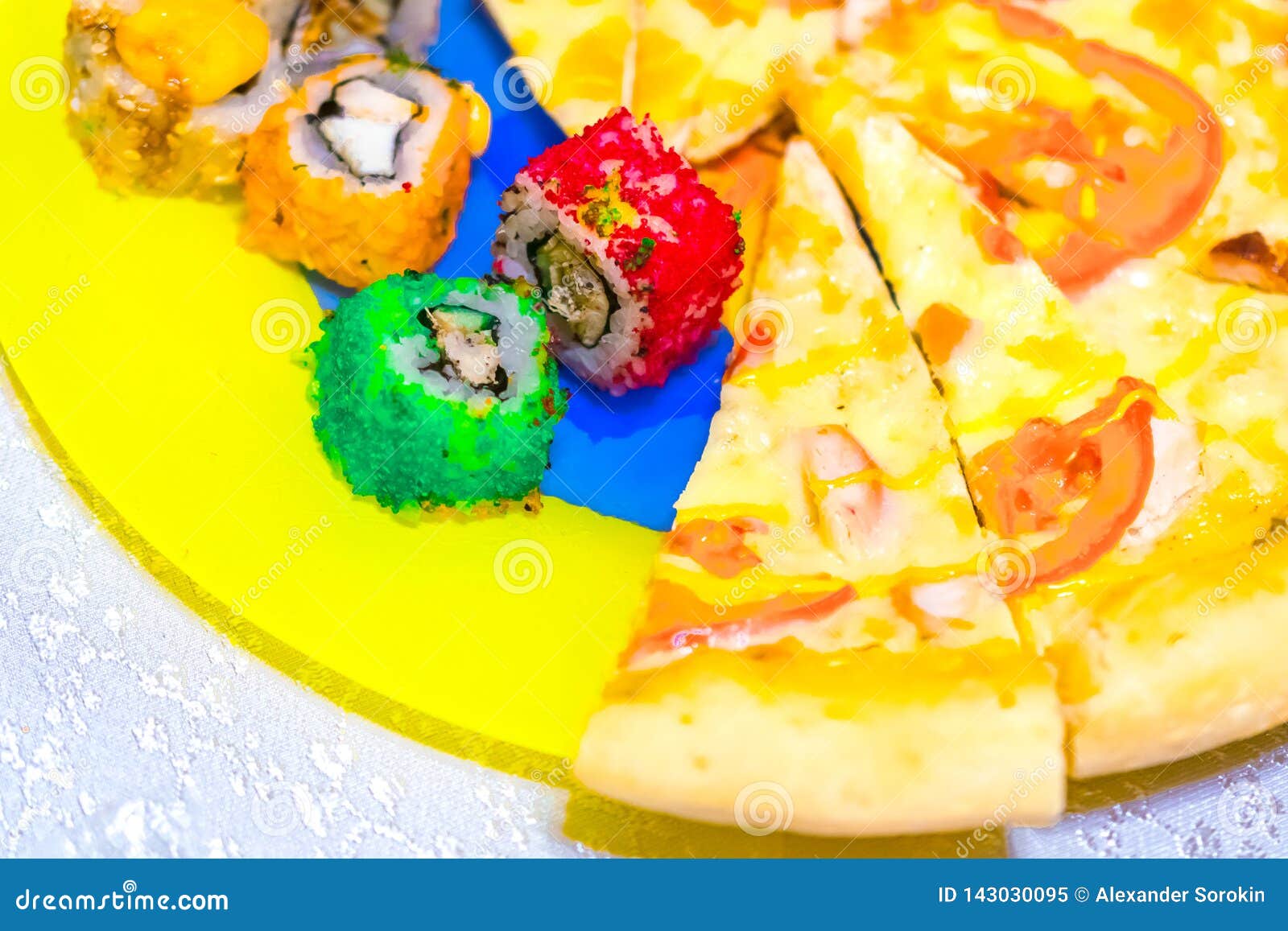 Color Rolls on a Plate with Pizza Stock Image - Image of rice, cake ...