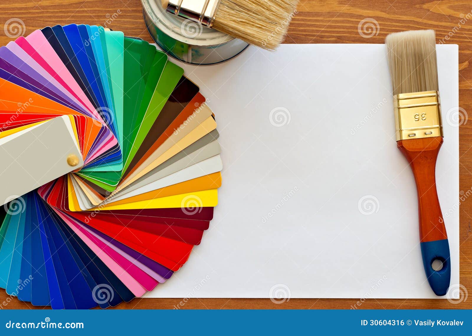 Color Samples and Paint Brushes on the Wooden Table Stock Photo - Image ...