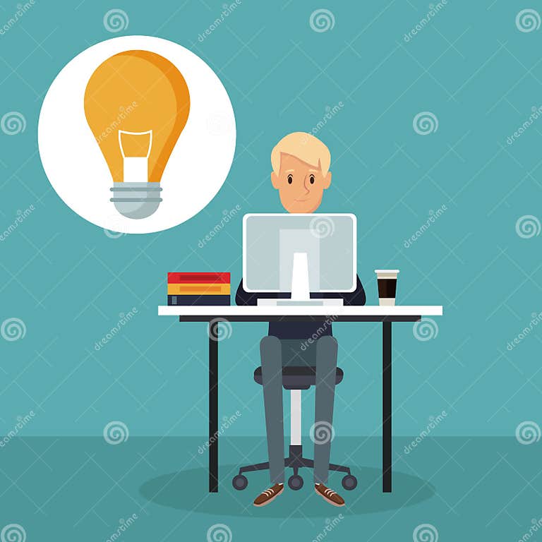 Color Scene Background Side View Web Developer Man in Desk Icon Light ...