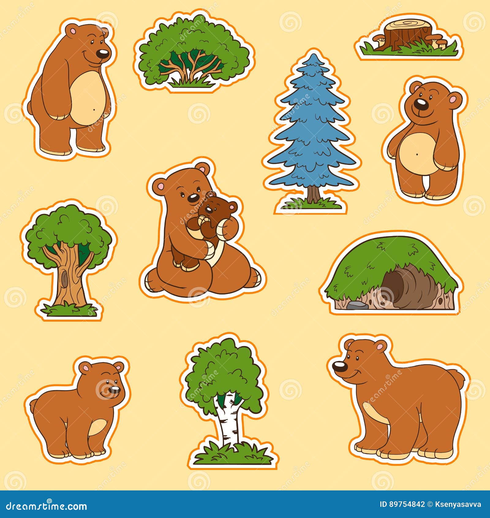 Color Set of Animals and Objects, Vector Stickers, Bears Stock Vector ...