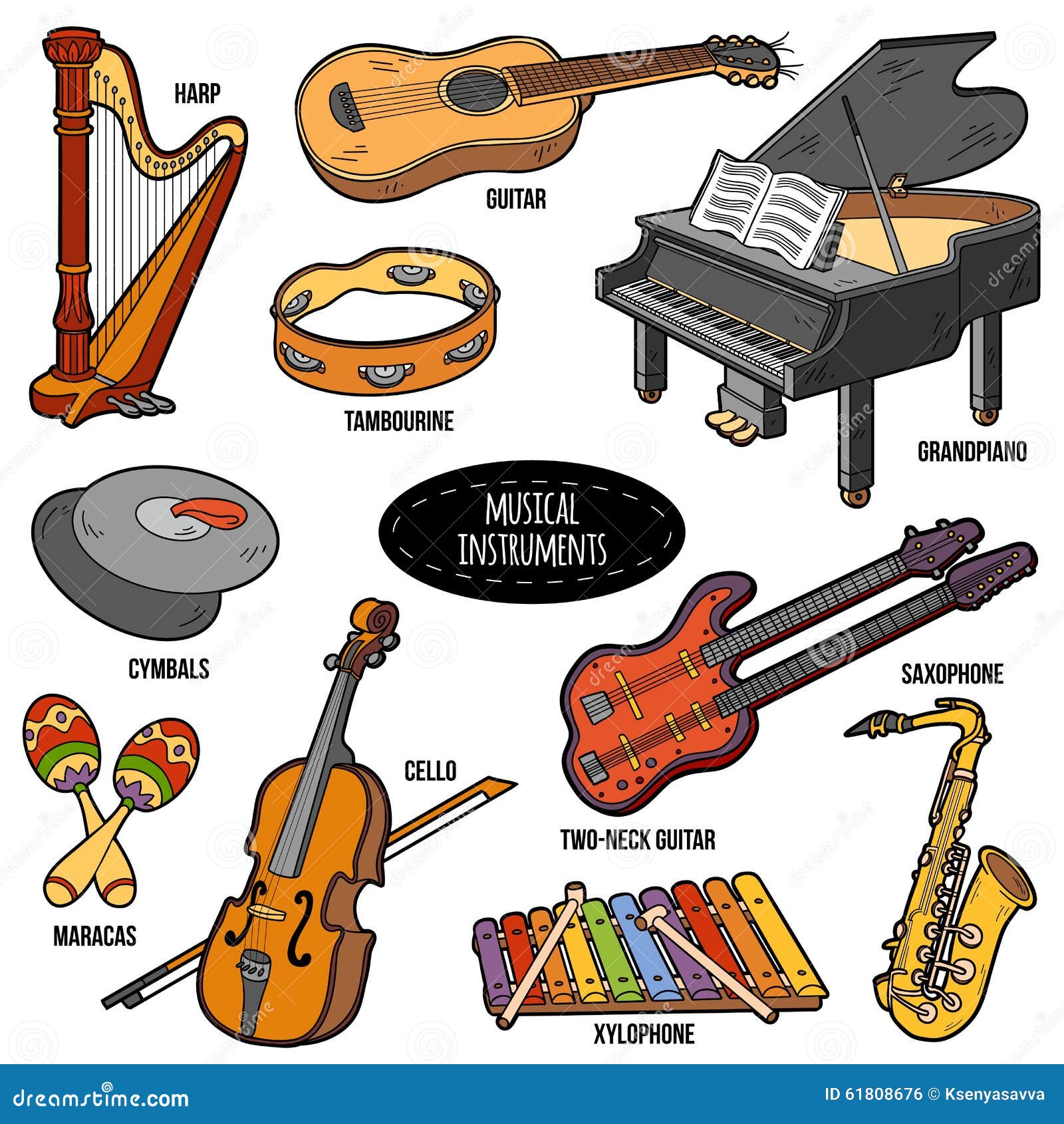 Color Set with Musical Instruments, Vector Cartoon Stickers Stock ... Color Set with Musical Instruments, Vector Cartoon Stickers Stock ...