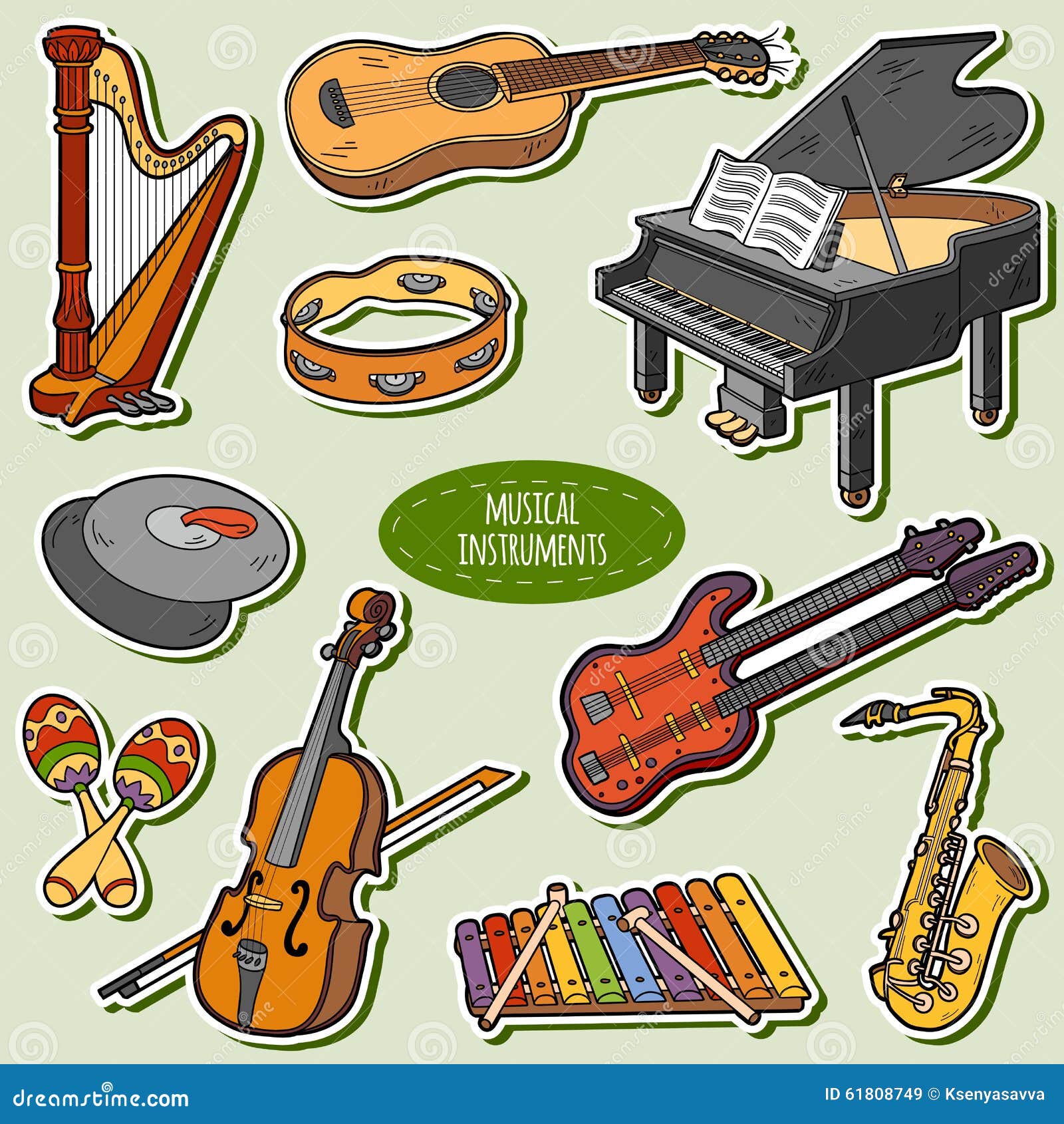Color Set with Musical Instruments, Vector Cartoon Stickers Stock ...