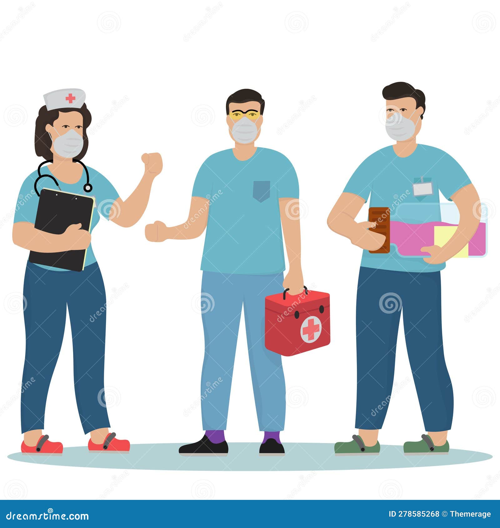 Color Set with Three Masked Team of Medics Stock Vector - Illustration ...