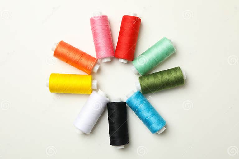 Color Sewing Threads on White Background, Top View Stock Image - Image ...