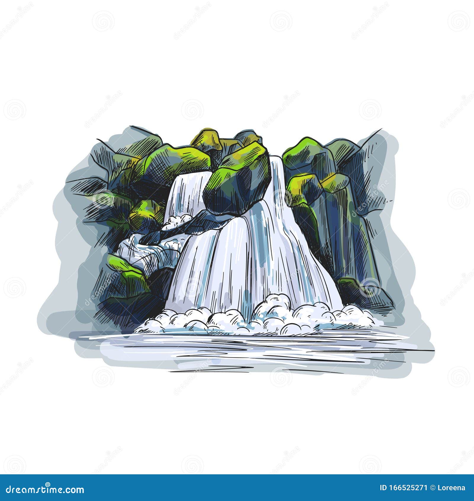 Color Sketch, Waterfall between Stones, Hand Drawn Stock Vector ...