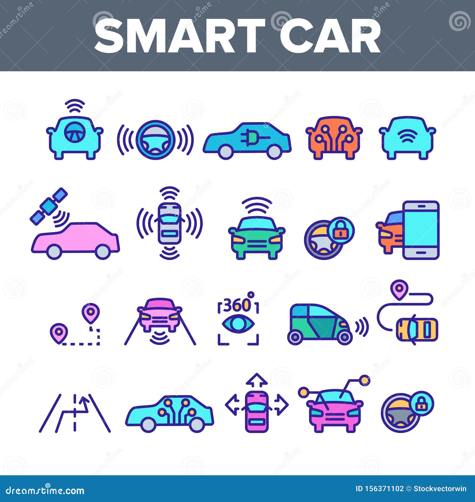 Color Smart Car Elements Icons Set Vector Stock Vector - Illustration ...