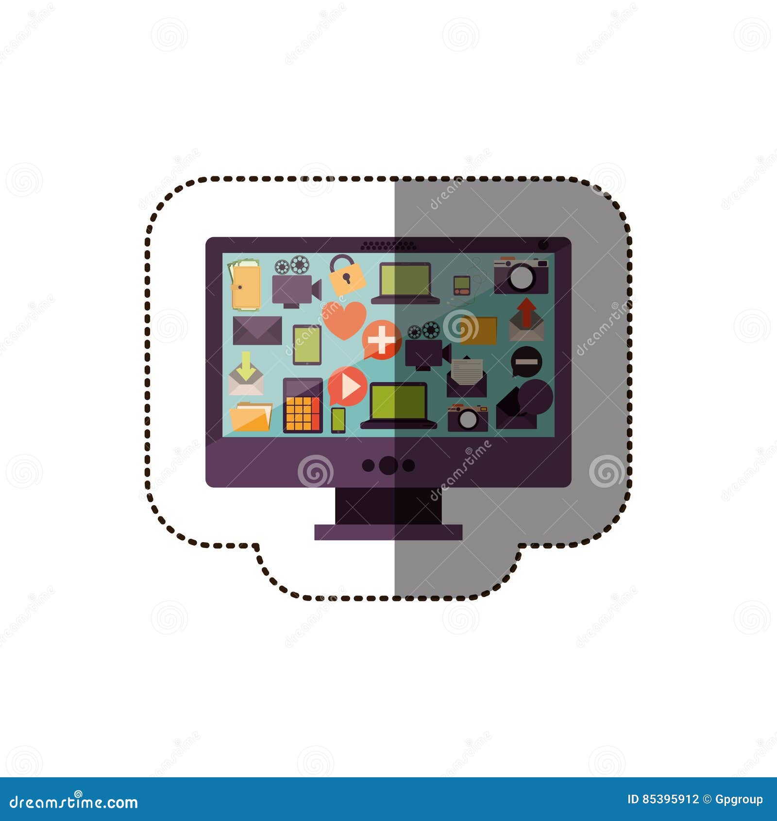 Color Sticker with Desktop Computer Screen Icons Stock Illustration ...