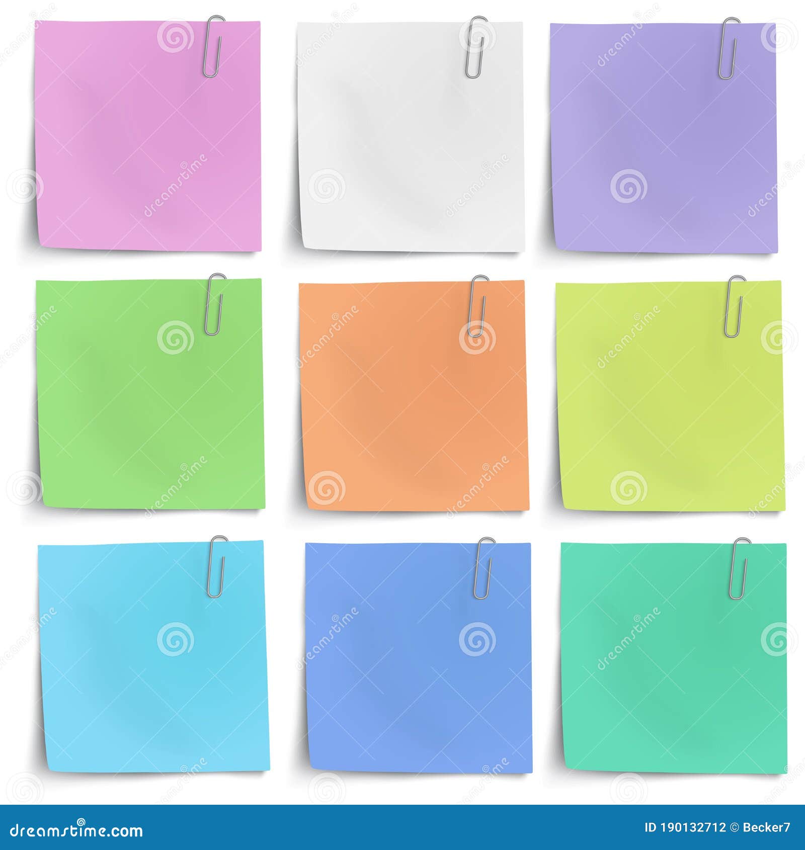 Color Sticky Notes with Metallic Paper Clip Isolated on White Stock ...