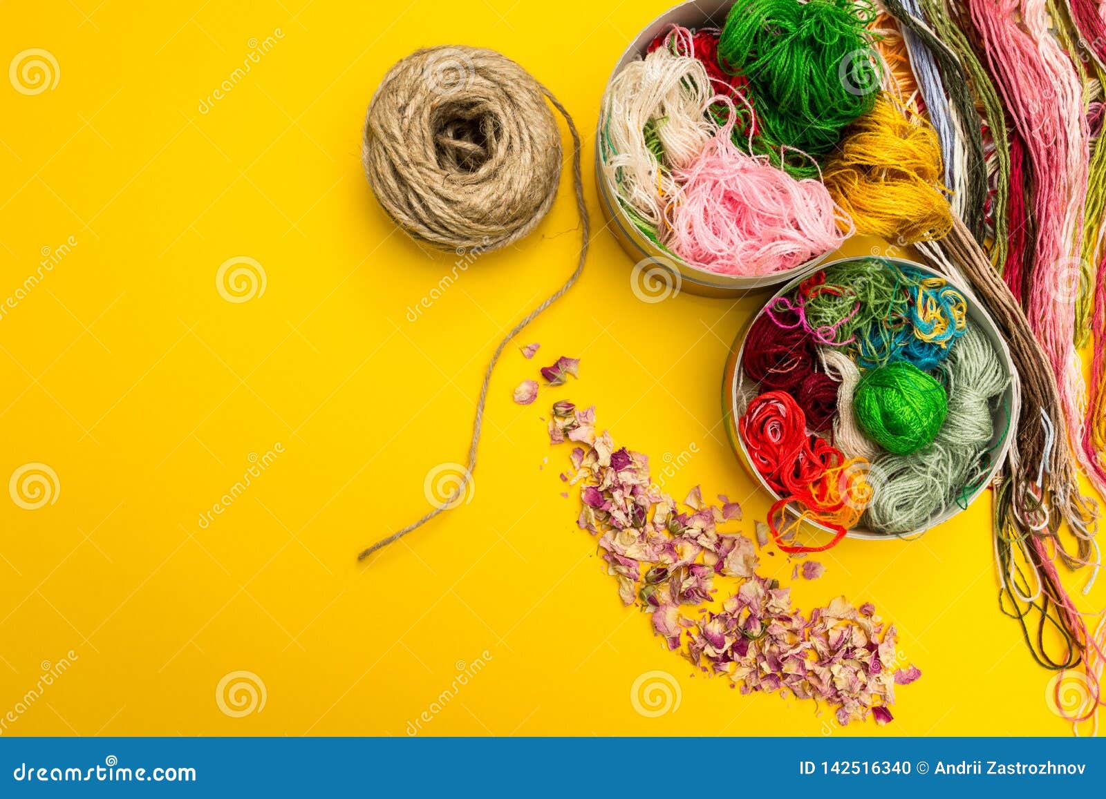 Color Threads Bunch on Yellow Background Stock Photo - Image of close ...