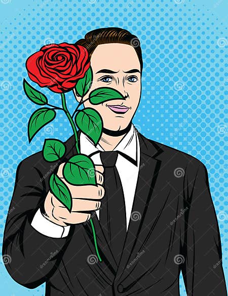 Color Vector Pop Art Comic Style Illustration Of A Man With A Rose In