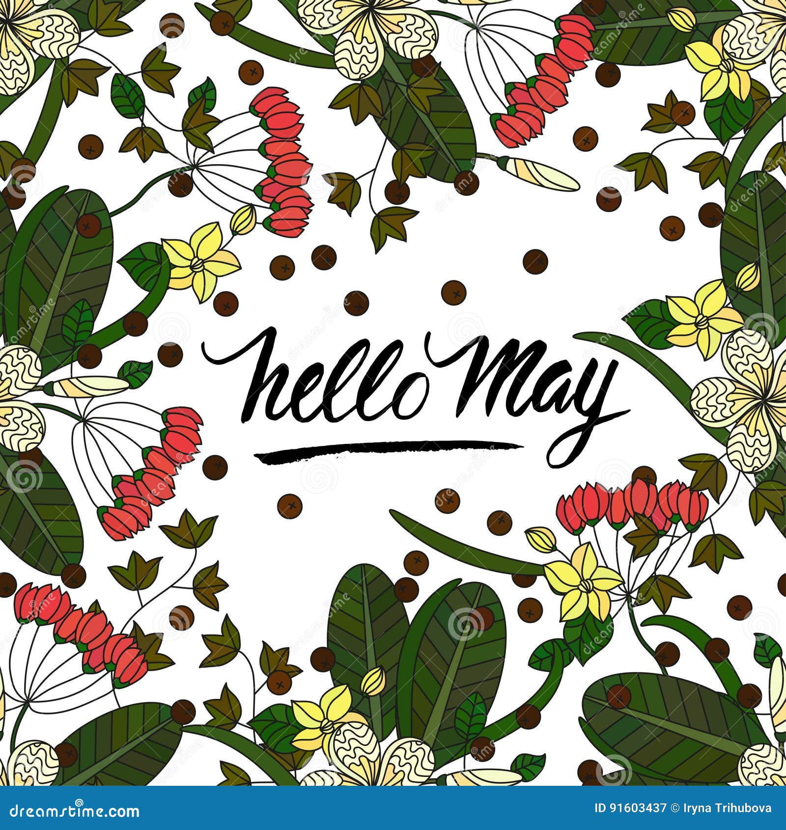 Color Vector Postcard with Unique Script Brush Lettering. Hello May ...