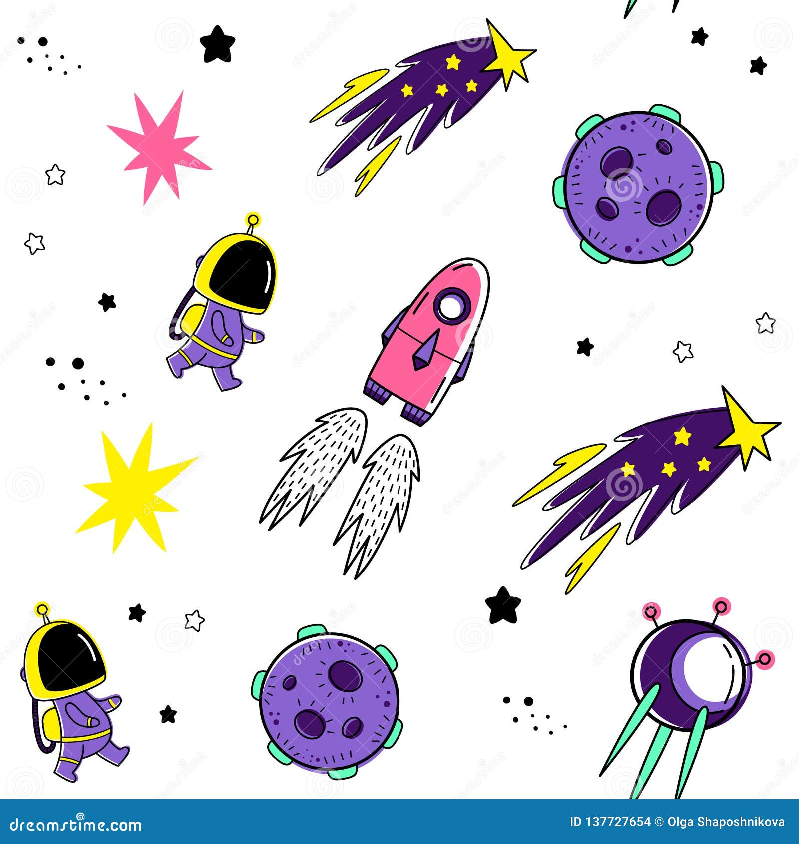 Color Vector Seamless Pattern with Space Elements. Doodle Style ...