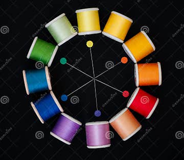 Color Wheel in Sewing Threads and Pins Stock Photo - Image of colour ...