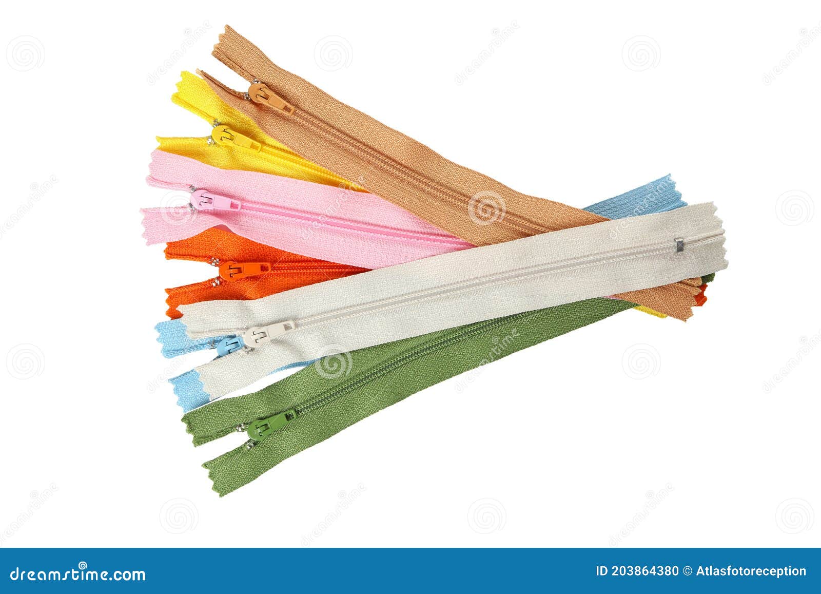 Color Zippers Isolated on White Background, Top View Stock Photo ...