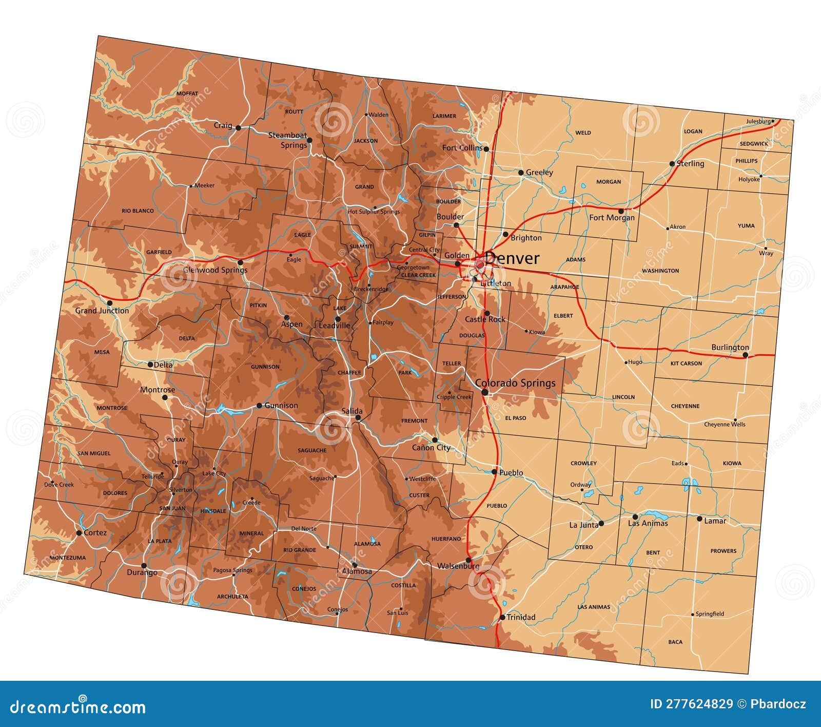 Detailed Colorado Physical Map with Labeling. Stock Vector ...