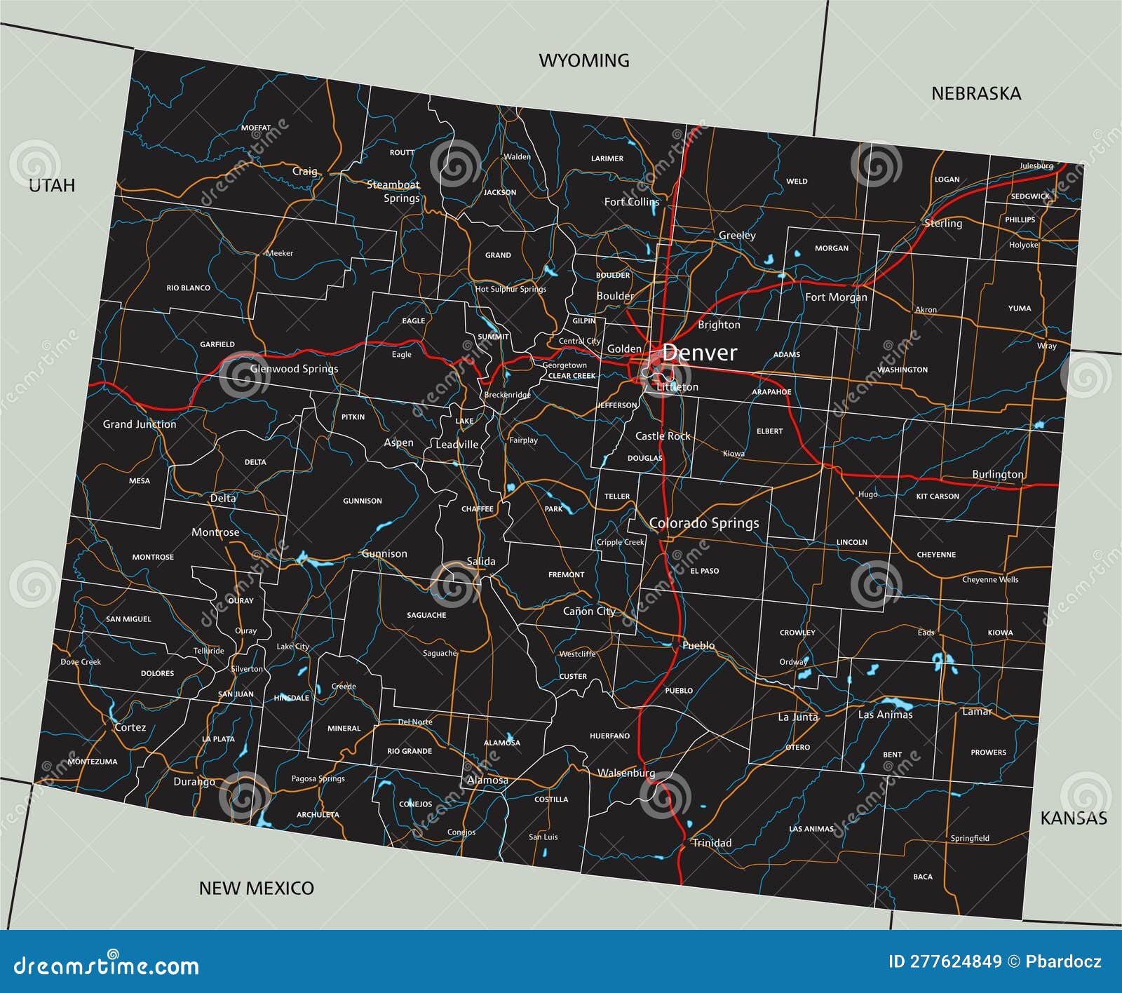 Detailed Colorado Road Map with Labeling. Stock Vector - Illustration ...