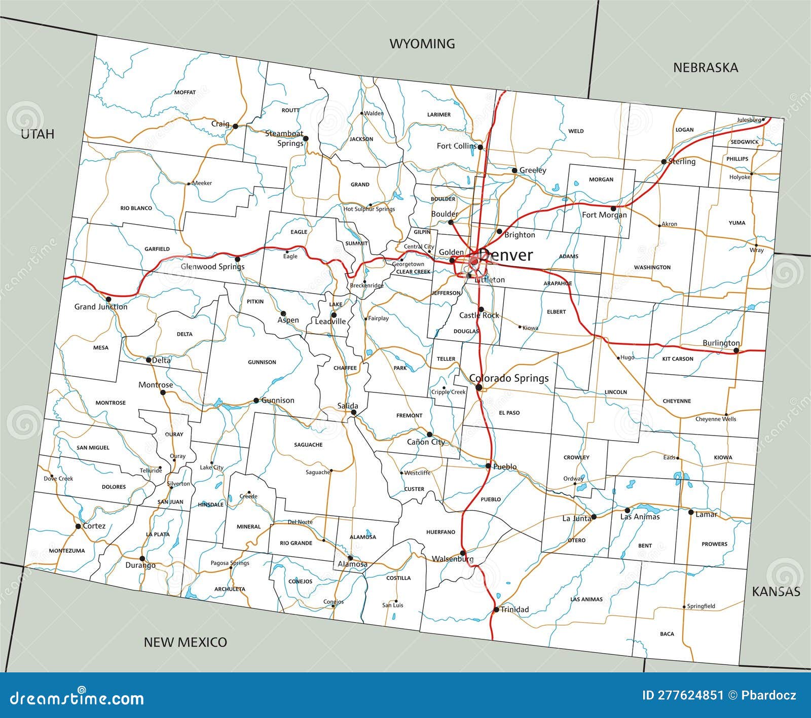Detailed Colorado Road Map with Labeling. Stock Vector - Illustration ...