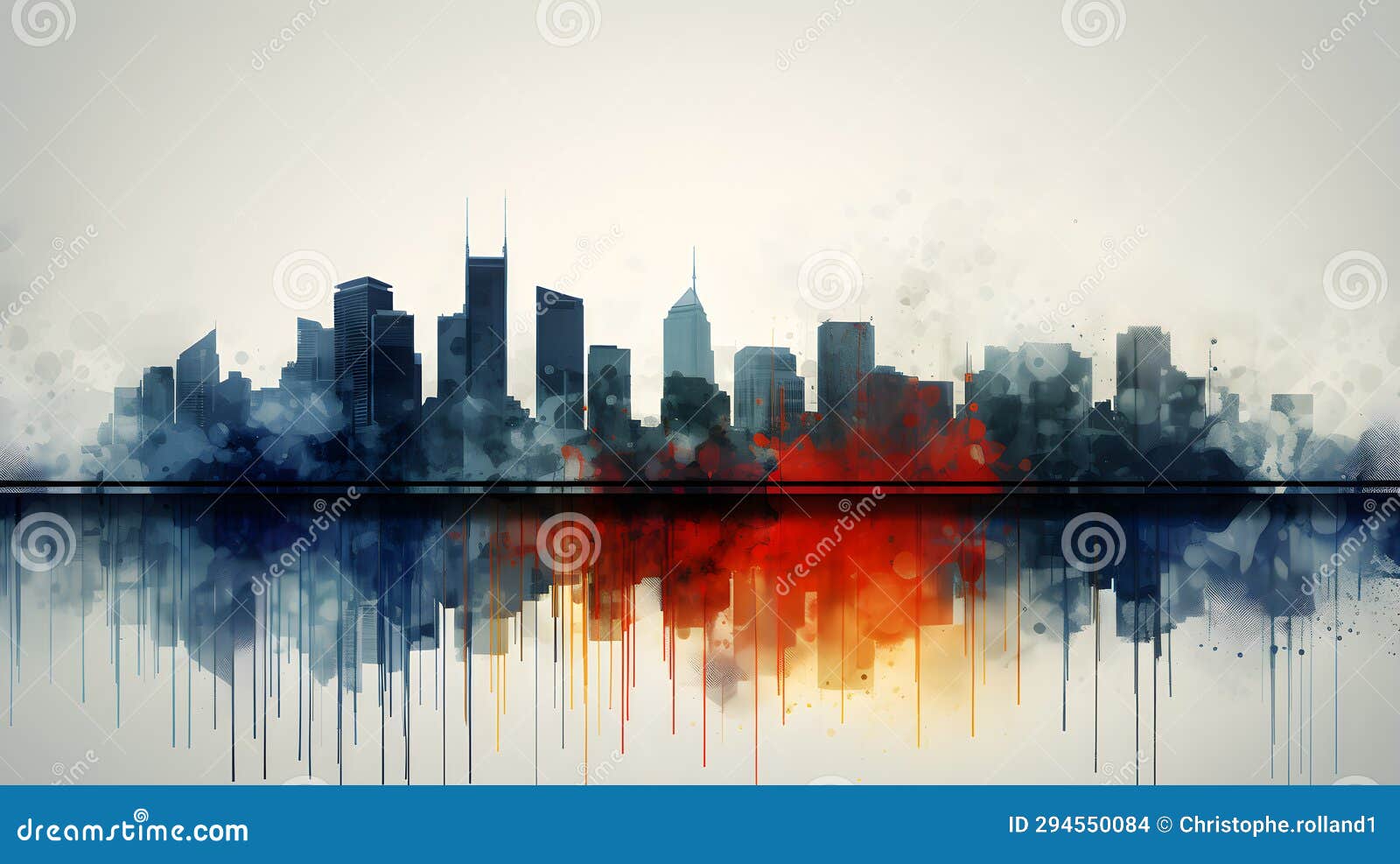 Colored Abstract City Skyline with Reflection - Modern Digital Painting ...