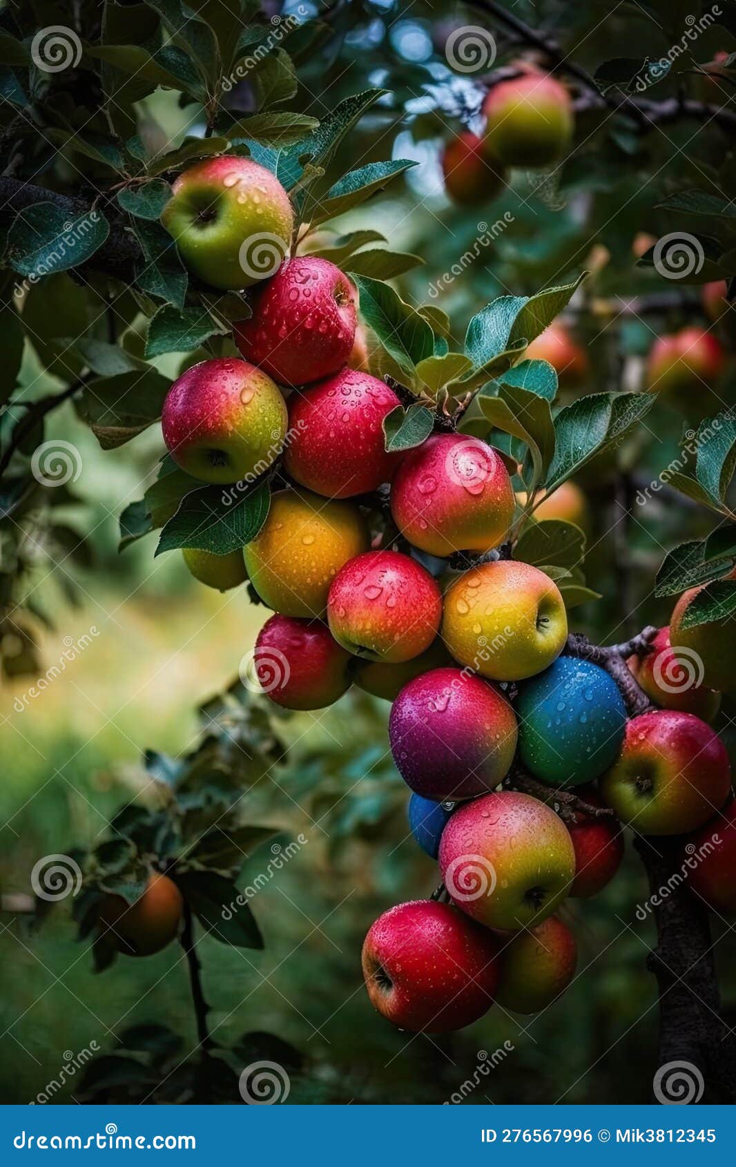 Colored apples on a tree. stock illustration. Illustration of juicy ...